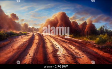Dust sand cloud on a dusty road. Scattering trail on track from fast ...