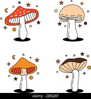 Different colored mushrooms in a cartoon style. Green seamless pattern ...