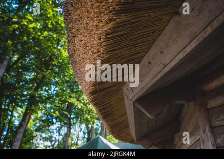 Close-up of thick thatched roof made of dry straws. Historic building ...
