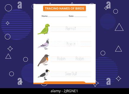 Trace the names of birds. Handwriting practice for preschool kids Stock ...