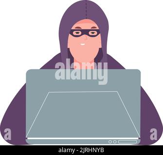 Man in hoodie working on laptop. Happy hacker. Cyber criminal isolated ...
