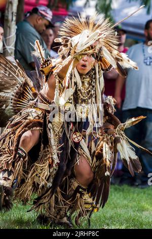 MASHANTUCKET, CT, USA -AUGUST 24, 2024: A large ceremonial drum at pow ...