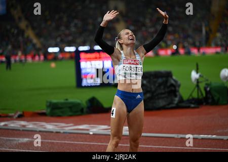 Viktoria Forster running the 100m hurdles at the European Athletics ...
