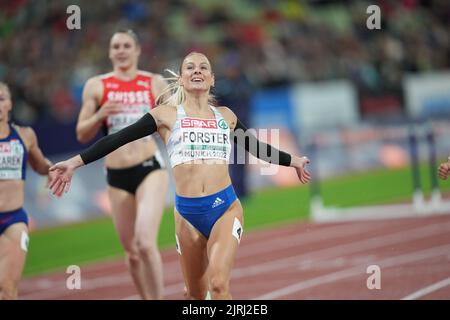Viktoria Forster running the 100m hurdles at the European Athletics ...