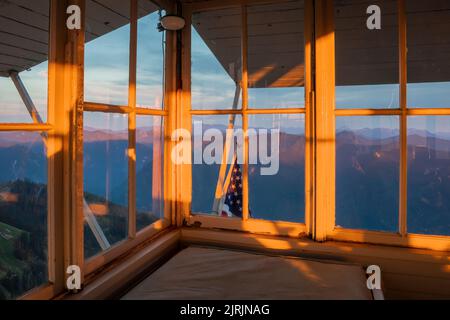 Looking out the windows toward the Cascade Mountains and forest ...