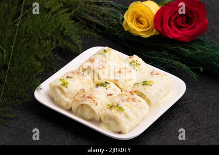 Indian Mithai Bread Malai Roll Rabdi Or Bengali Rabri Is Made Of Soft White Bread Slices, Dipped ...