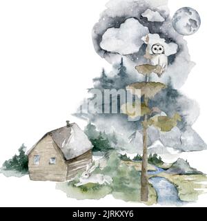 Autumn forest watercolor. Forest illustration. Pines, owl, hare and ...