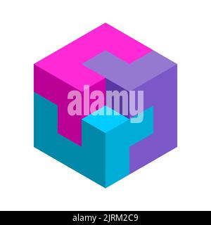 Blue cube shape with one piece missing. 3D isometric box with windows ...