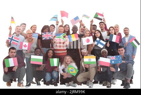 in full growth. funny diverse people with their national flags Stock ...