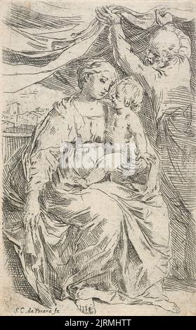 Holy family with curtain, Simone Cantarini, 1622 - 1648 print The Holy ...