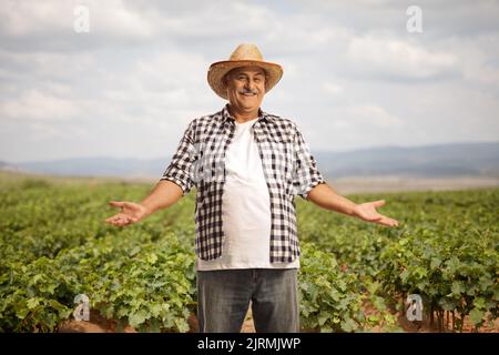 happy mature man winery worker looking at glass of red wine on ...