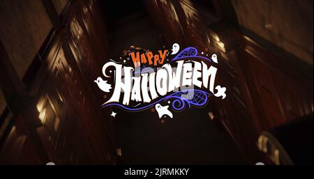 Digital composite image of happy halloween text in spooky cemetery at ...