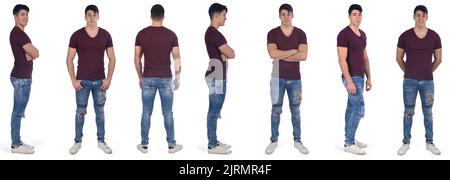 large group of same man various poses sitting on chair on white ...