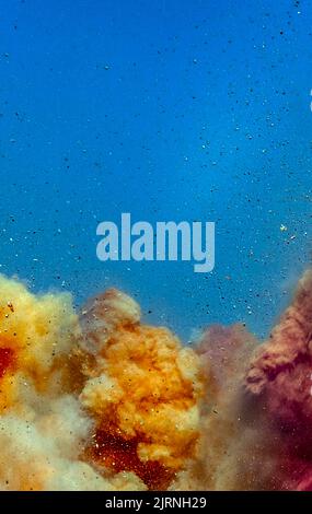 Dust clouds and rock particle during extreme denotator blasting on the ...