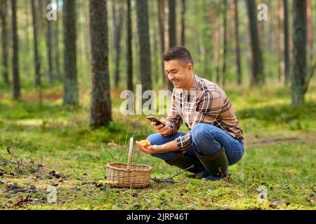 man using smartphone to identify mushroom Stock Photo - Alamy