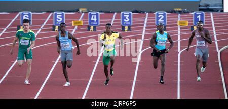 Jake Doran, Letsile Tebogo and Yohan Blake competing in the men’s 100m ...