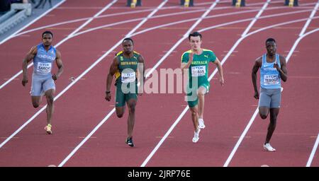 Akani Simbine, Jake Doran and Letsile Tebogo competing in the men’s ...