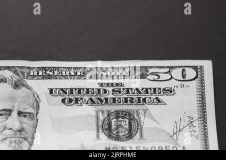A grayscale shot of a fifty United States Dollars banknotes bill Stock ...