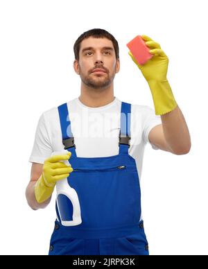male cleaner cleaning with sponge and detergent Stock Photo - Alamy