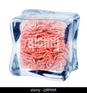 meat, beef in ice cube, isolated on white background, clipping path ...