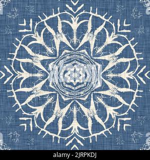Farmhouse blue snow flake pattern background. Frosty batik damask ...