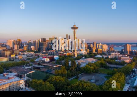 Drone photography of the Seattle, Washington waterfront skyline in June ...