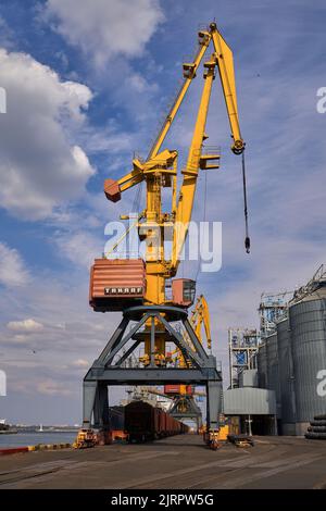 Panamax bulk carrier loaded with wheat. Dust from grain loading. Ship ...
