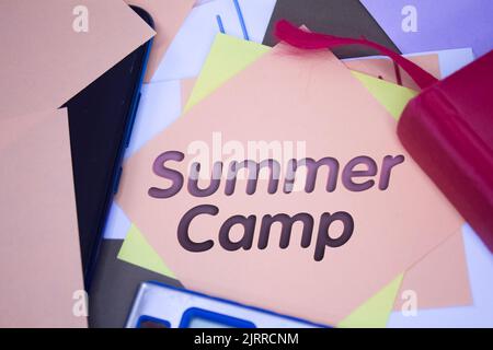 Summer Camp. Text on adhesive note paper. Event, celebration reminder ...