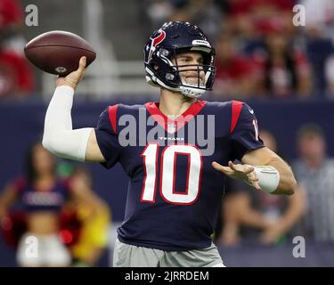 Houston Texans quarterback Davis Mills warms up before an NFL football ...