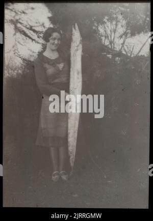 Grace McDonald with the frost-fish taken at Hokio Beach, Horowhenua, 29 ...