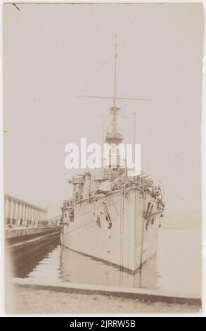 [Battleship in port]., 1920s to 1930s, New Zealand, by Roland Searle ...