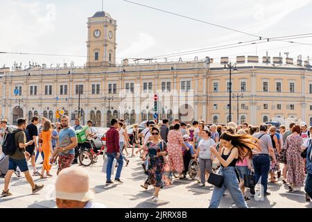 Platform of the Moskovsky railway station with a modern Sapsan high ...