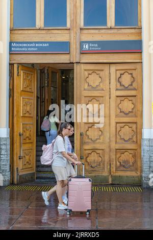 Platform of the Moskovsky railway station with a modern Sapsan high ...