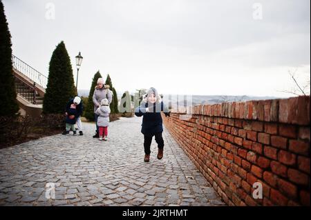 Family walking at historical Mikulov Castle, Moravia, Czech Republic ...
