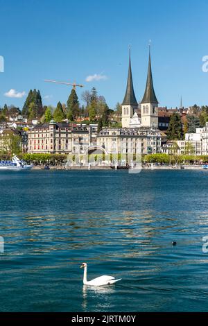 Lucerne, Switzerland on April 9, 2014. Wooden bridge of the chapel ...