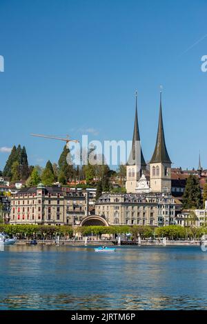 Lucerne, Switzerland on April 9, 2014. Wooden bridge of the chapel ...