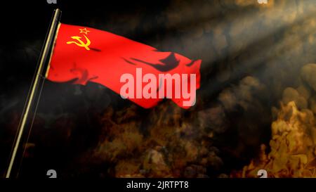 flag of Soviet Union (USSR, SSSR) on modern city architecture bokeh bg ...