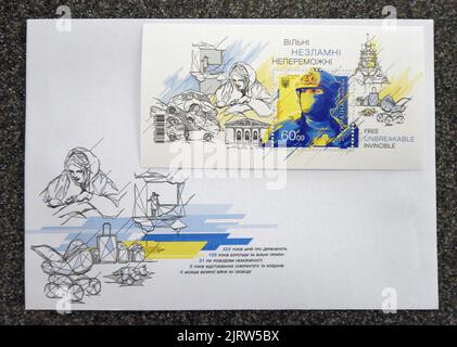 KYIV, UKRAINE - AUGUST 26, 2022 - Employees stamp the envelopes with ...