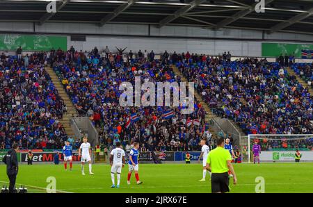 Linfield fans in the Kop Stand of Windsor Park celebrating the club's ...