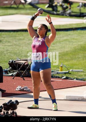 Jessica Woodard of the USA competing in the women’s shot put heats at ...
