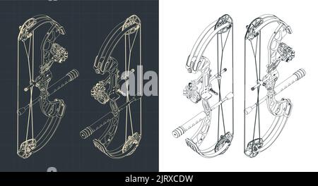 Stylized vector illustrations of blueprints of a compound hunting bow ...