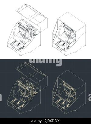 Stylized vector illustrations of automated CNC machine for 3D carving isometric drawings Stock ...
