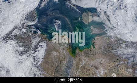Aerial of the Lena River delta in the Laptev Sea with the Lena River ...