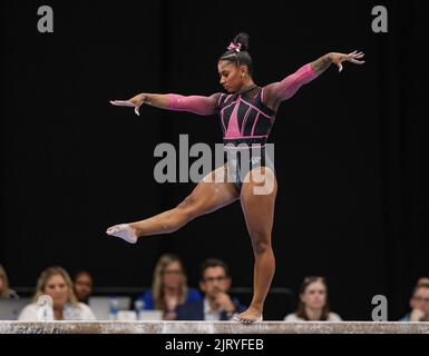 August 21, 2022: Jordan Chiles leaps into the air during her floor ...