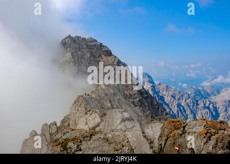 Watzmann middle peak with clouds seen from Hocheck, black and white ...