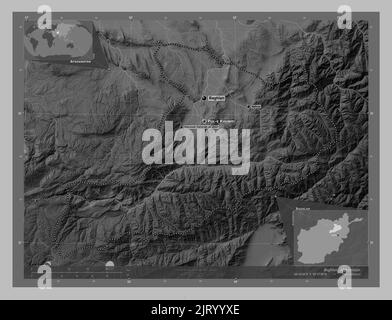 Baghlan, province of Afghanistan. Grayscale elevation map with lakes ...