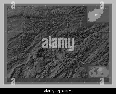 Daykundi, province of Afghanistan. Grayscale elevation map with lakes ...