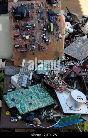Background with old rare electronic components randomly decomposed ...