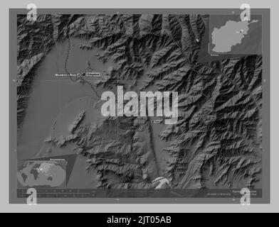 Kapisa, province of Afghanistan. Grayscale elevation map with lakes and ...