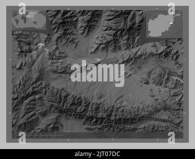 Nangarhar, province of Afghanistan. Grayscale elevation map with lakes ...